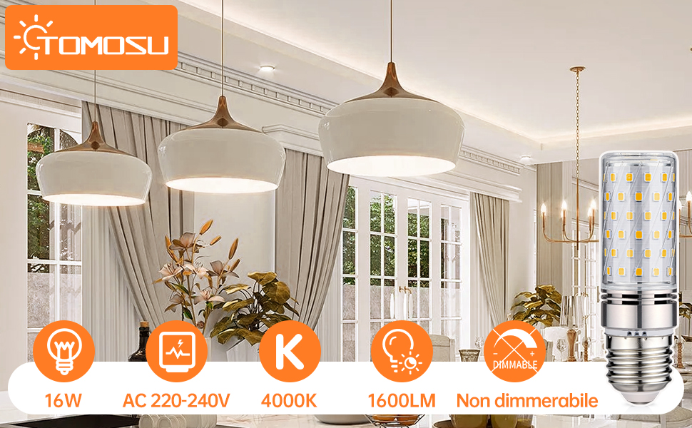 Tomosu Lampadine LED E27 Luce Naturale 4000K 1600LM, 16W Lampade LED E27 Equivalenti a 150W ...