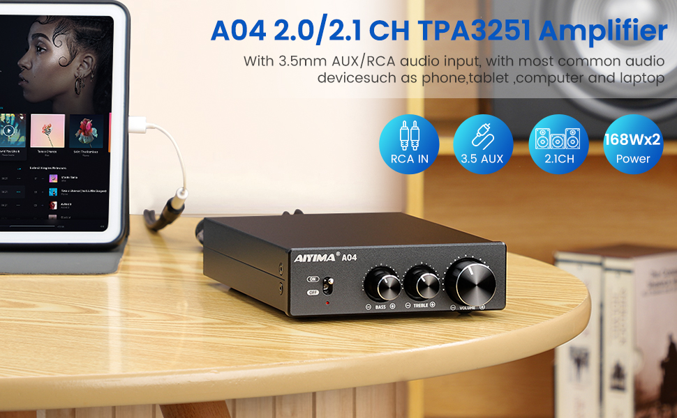 AIYIMA 1PCS A04 2.0/2.1 Desktop Amplifier tpa3251+ne5532 175w*2 with Treble and bass Adjustment ...