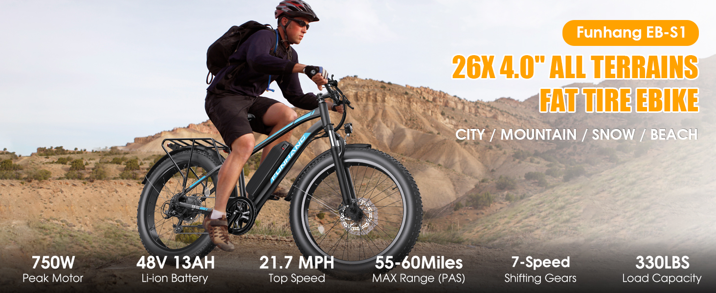 Amazon.com : Funhang Electric Bike for Adults, Peak 750W Ebike, 25MPH 60Miles Electric Mountain ...