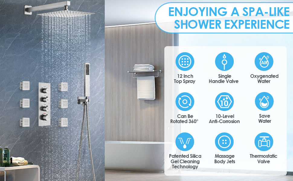 Shower System with Body Jets: EVERSTEIN Thermostatic Luxury Shower Faucet Set Wall Mounted 12 ...
