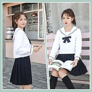 Amazon.co.jp: [Formemory] セーラー服 本格制服 コスプレ JK 女子高生 ホワイト 長袖と半袖の2種類 セーラー服 紺色 蝶結び 3点セット JKスカート スクール ...
