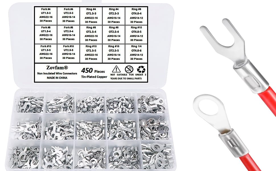 450pcs Non Insulated Wire Connectors Tin Plated Copper Ring Fork Terminals Assortment Kit Awg 22