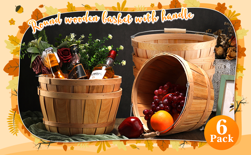 Amazon.com: 6 Pack 11 x 6.7'' Large Round Wooden Baskets with Handles, Handmade Wood Basket ...