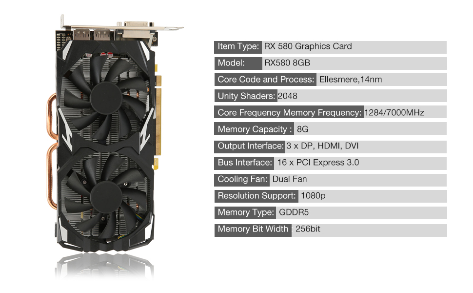 Dpofirs Tarjeta Gráfica RX 580 8GB GDDR5, 3 X DisplayPort, HDMI, DVI, 16 X PCI Express 3.0 ...