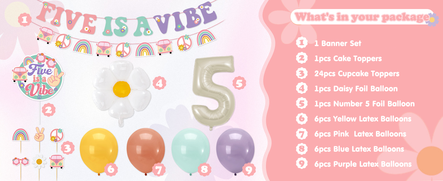 Amazon.com: Sinasasspel Five is a Vibe 5th Birthday Party Decorations Groovy Banner Cake Toppers ...