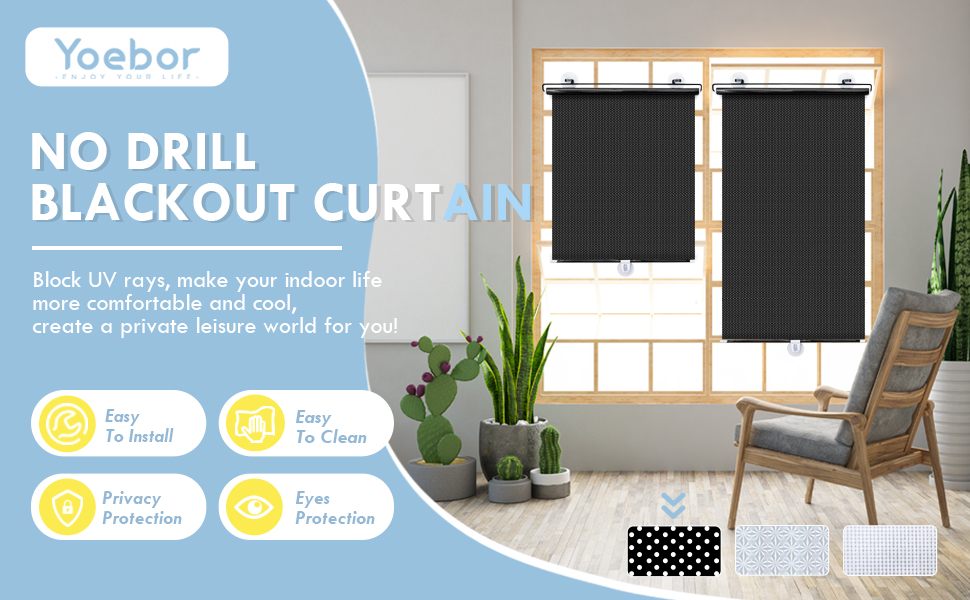 Amazon.com: Yoebor No Drill Blackout Blind Shade with 3 Suction Cups, Black 50% Shade Temporary ...