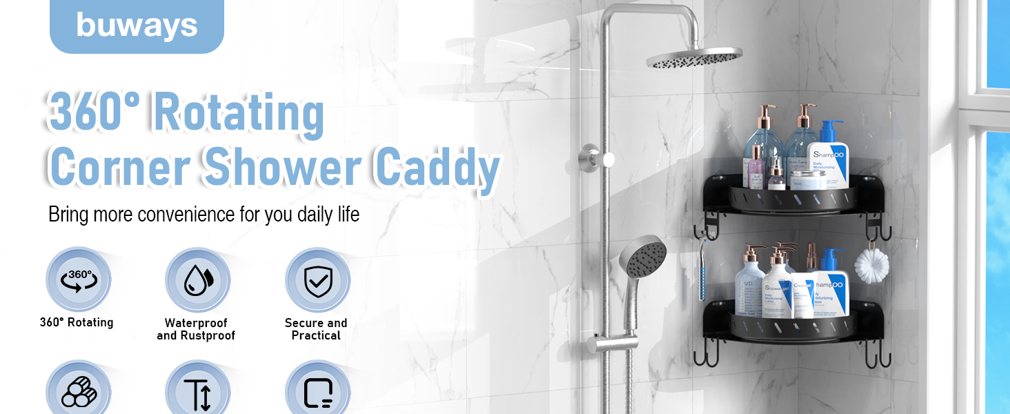 Amazon.com: 360°Rotating Corner Shower Caddy Shelf With 6 Hooks,2PACK Bathroom Lazy Susan Shower ...