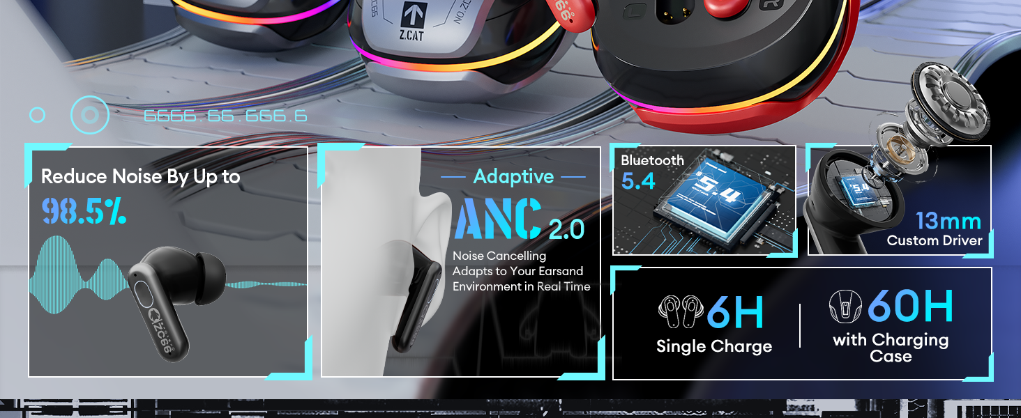 ZOMBIES CAT Active Noise Cancelling Earbuds Wireless Bluetooth 5.4 Ear ...