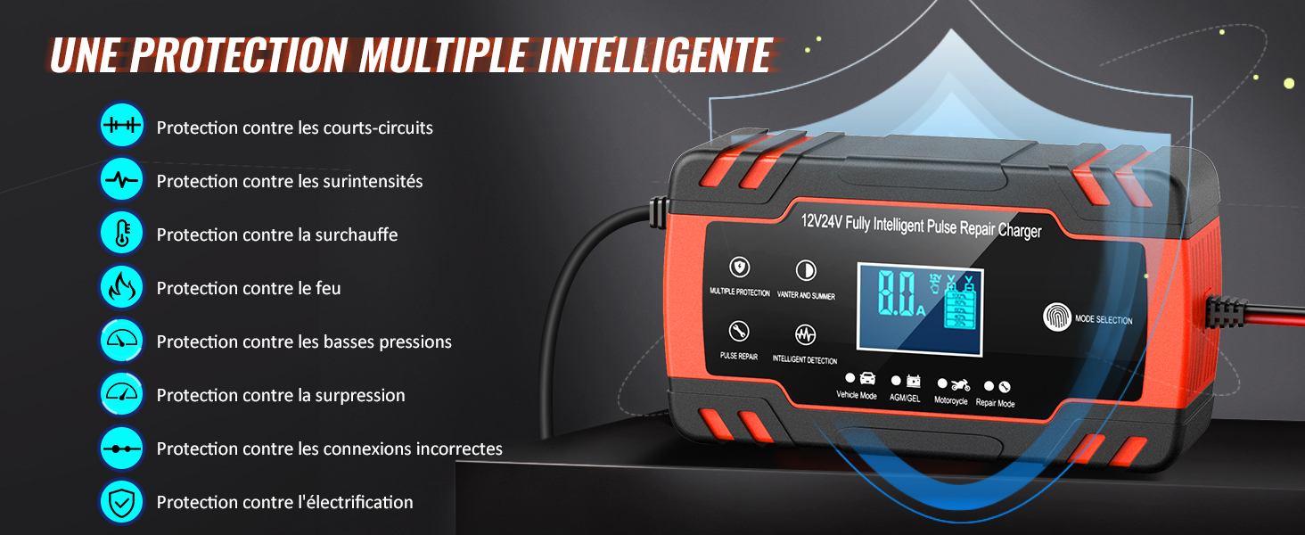Husgw Chargeur de batterie 12V/24V 8A,chargeur intelligent doté de multiples fonctions de ...