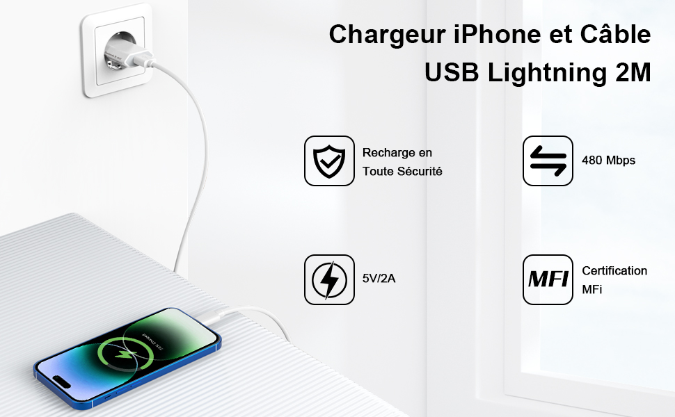 Chargeur iPhone Apple MFi Certifié et Câble iPhone 2M [Lot de 2], Adaptateur Prise Chargeur ...