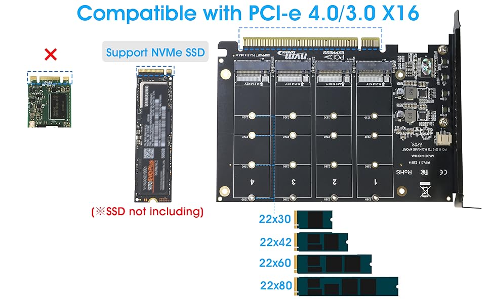 Amazon.com: Quad NVMe PCIe Adapter, RIITOP 4 Ports M.2 NVMe SSD to PCI-e 4.0/3.0 x16 Card with ...