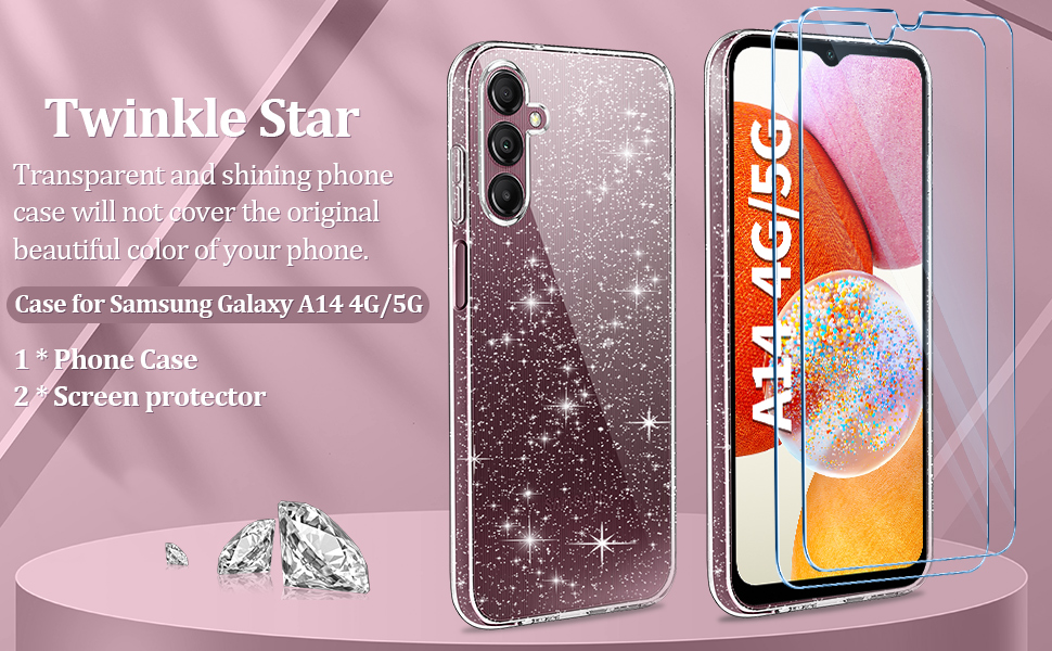 AROYI Clear Glitter Case Compatible with Samsung Galaxy A14 4G / 5G Case with 2 Pack Tempered ...