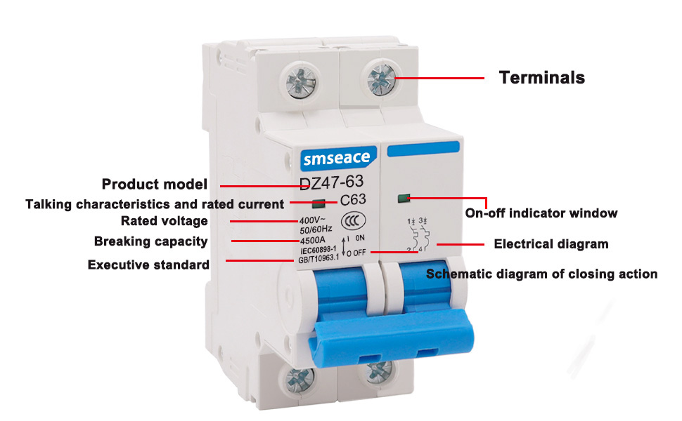 smseace Miniature Circuit Breaker Low Voltage 16A AC 230/400V 1 Pole DIN Rail Installation DZ47 ...
