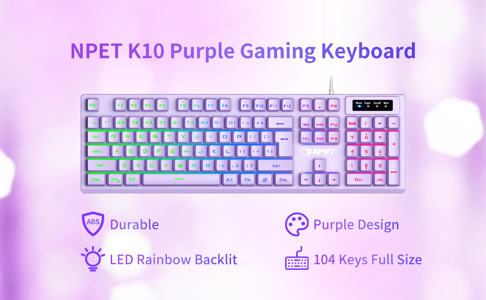 NPET K10 Wired Gaming Keyboard, RGB Backlit, Spill-Resistant Design, Multimedia Keys, Quiet ...