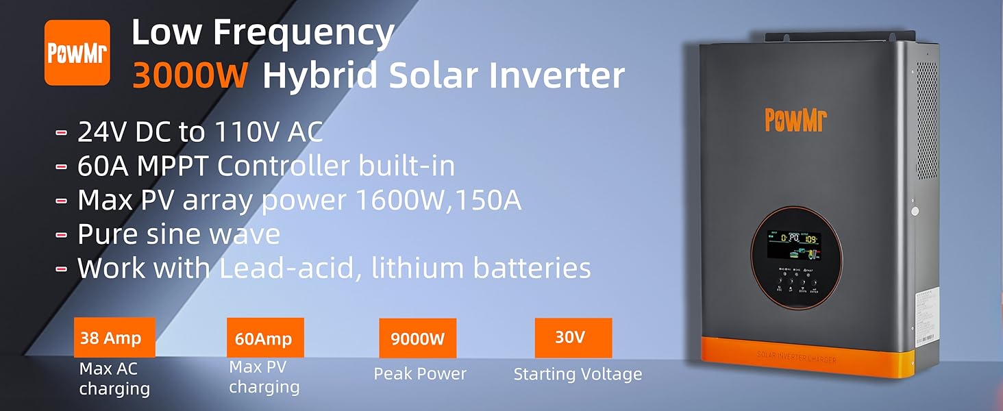 Amazon.com: PowMr 3000W Solar Inverter - 24VDC to 110VAC, 3KW Off-Grid Hybrid Inverter with 60A ...