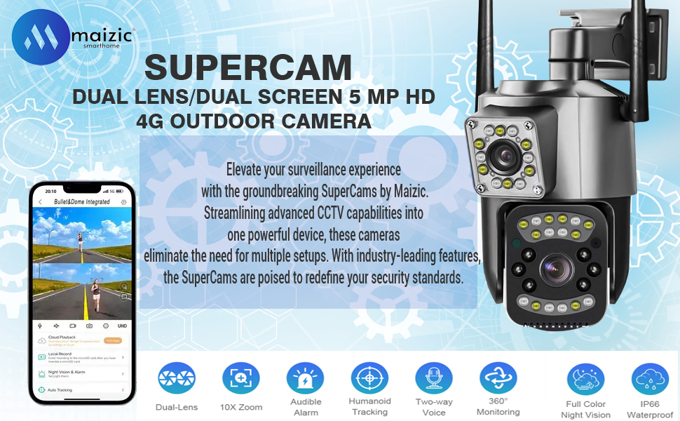 Buy Maizic Smarthome Supercam 5+5MP FHD 4G Sim Based Smart Outdoor Camera with Dual Lens/Dual ...