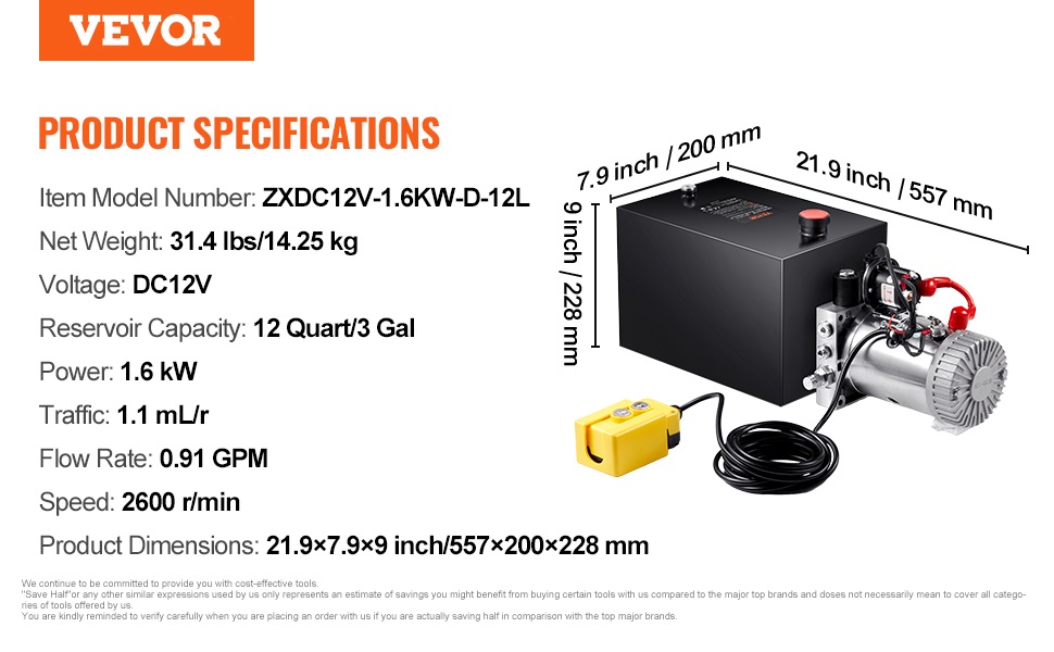 VEVOR ZXDC12V-1.6KW-D-12L Pompe Hydraulique DC 12 V 11 L pour Camion à Benne Basculante Groupe ...