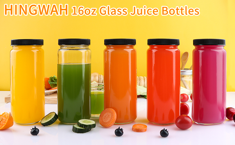 Amazon.com: HINGWAH 16 OZ Glass Juice Bottles, Set of 12 Reusable Drinking Bottles with Lids ...