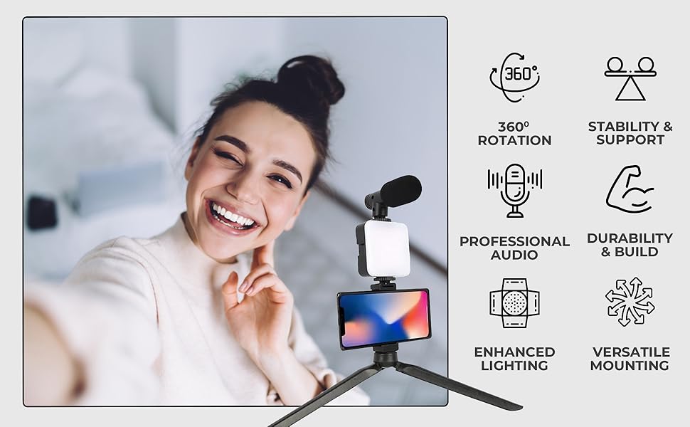White Isle Low Smartphone Vlogging kit, for Apple & Android, Includes USB-C & Apple standard ...