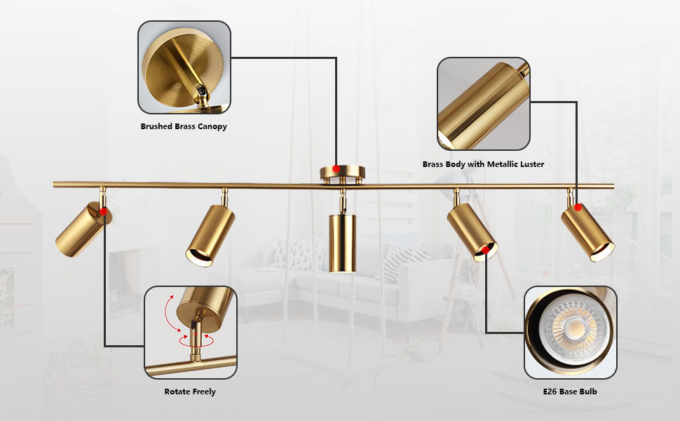 KCO Lighting Adjustable Track Lighting Fixture Brushed Brass Flush Mount Ceiling Light Fixture ...