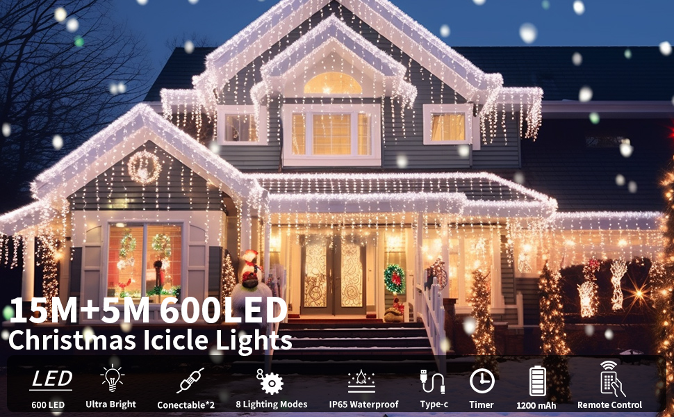 QLIRJAD 66Ft 600LED Solar Icicle Lights Outdoor Decorations Connectable ...