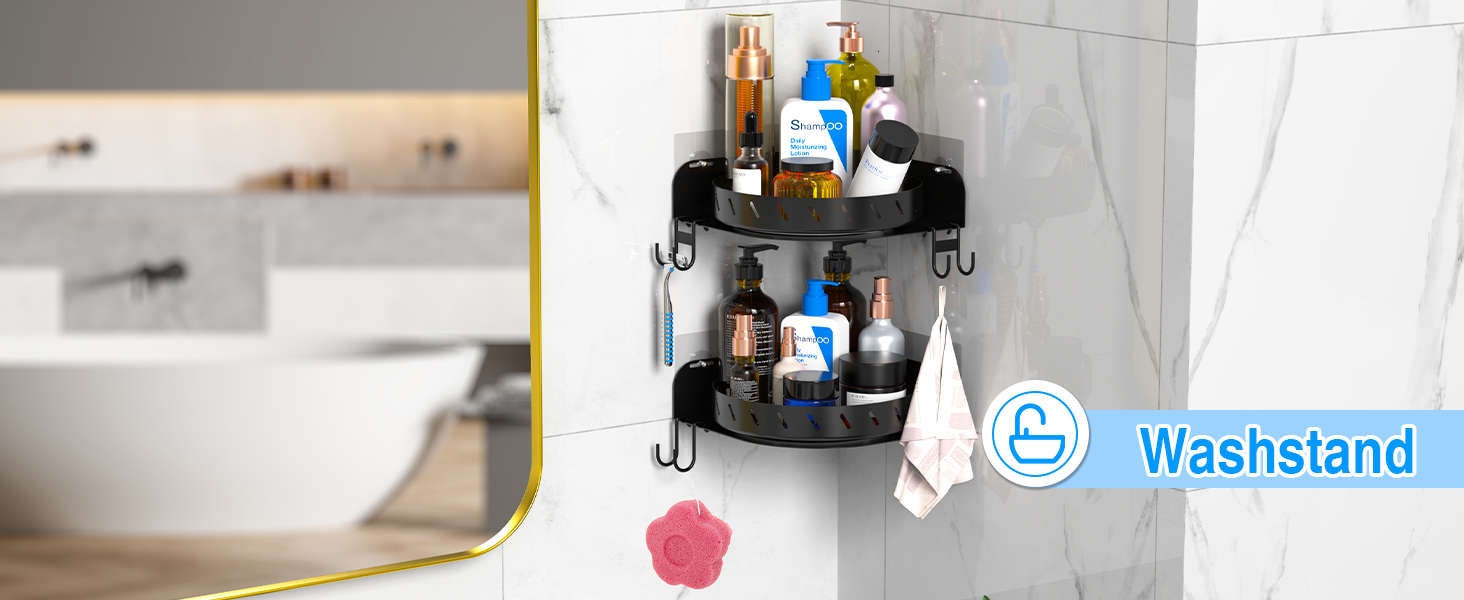 Amazon.com: 360°Rotating Corner Shower Caddy Shelf With 6 Hooks,2PACK Bathroom Lazy Susan Shower ...