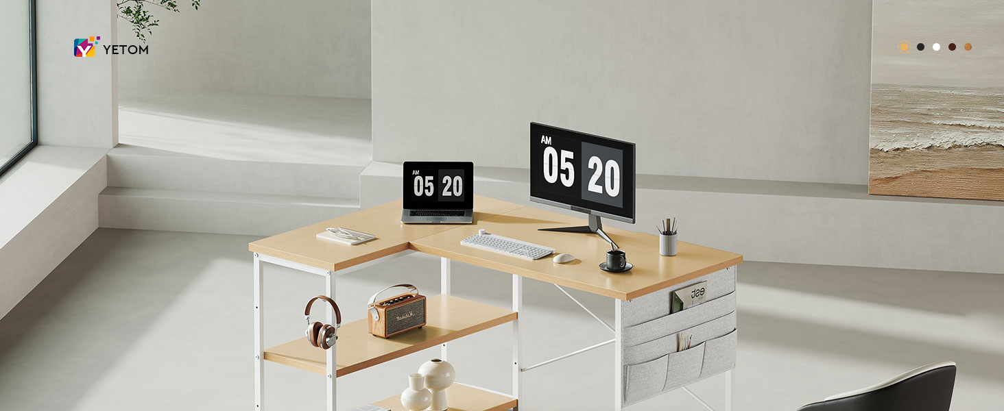 Amazon | YeTom l字デスク ゲーミングデスク 机 デスク 右棚左棚 幅107cm つくえ 棚板高さ調節可能 収納袋付き L字型 PC 勉強机 作業 在宅ワーク ライトオーク ...