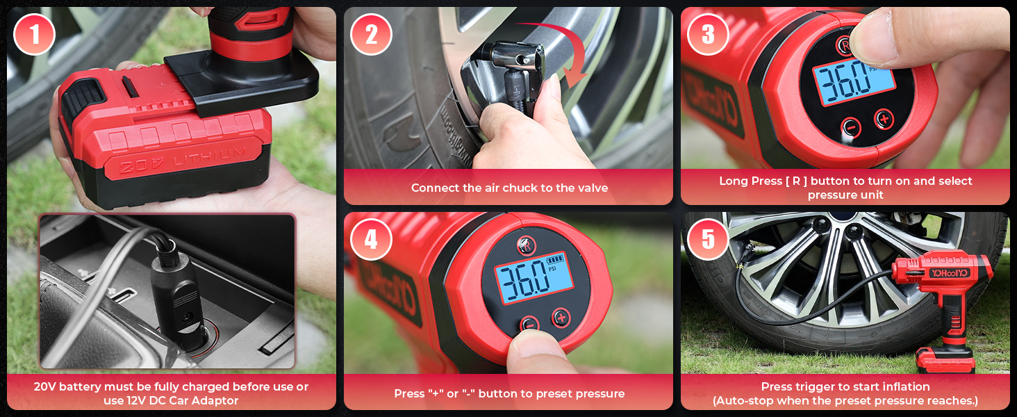 Amazon.com: YOHOOLYO Tire Inflator Portable Air Compressor for Car 20V Cordless Tire Pump ...