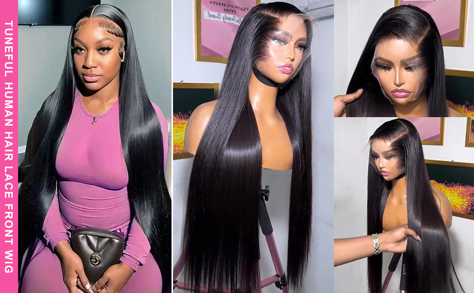 Amazon.com : Tuneful 13x6 Lace Front Wigs Human Hair Pre Plucked 220 Density 26 Inch Straight ...