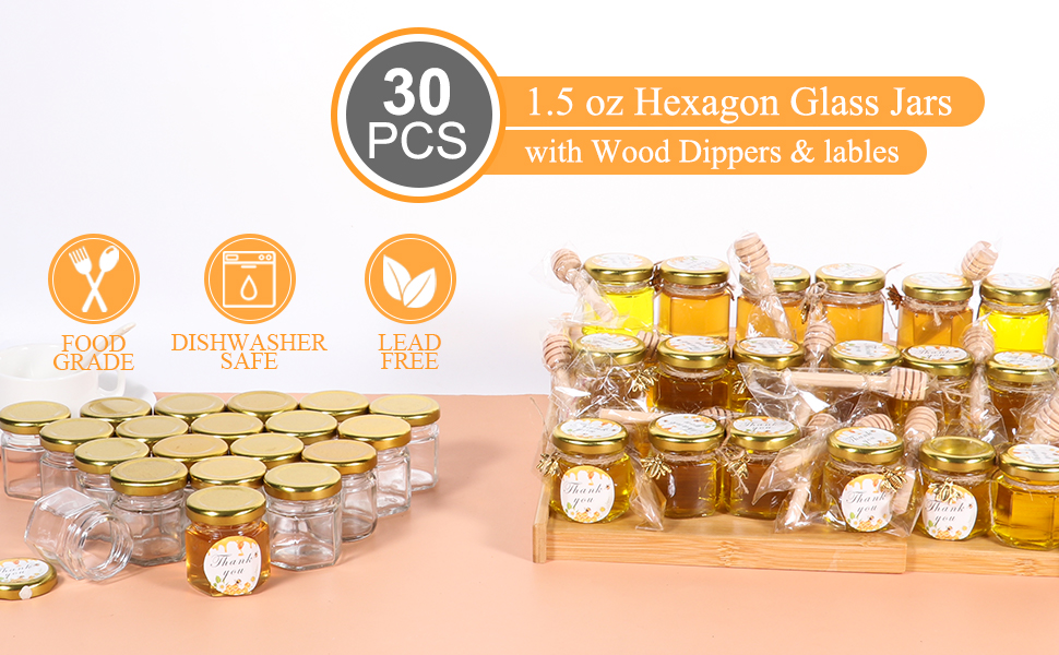 Amazon.com: BIGIVACA 1.5 oz Hexagon Mini Glass Honey Jars with Wood Dippers, Gold Lids,Bee ...