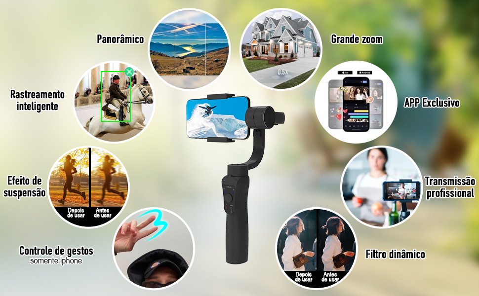 Gimbal Estabilizador Portátil de 3 Eixos com Tripé de Aderência para ...