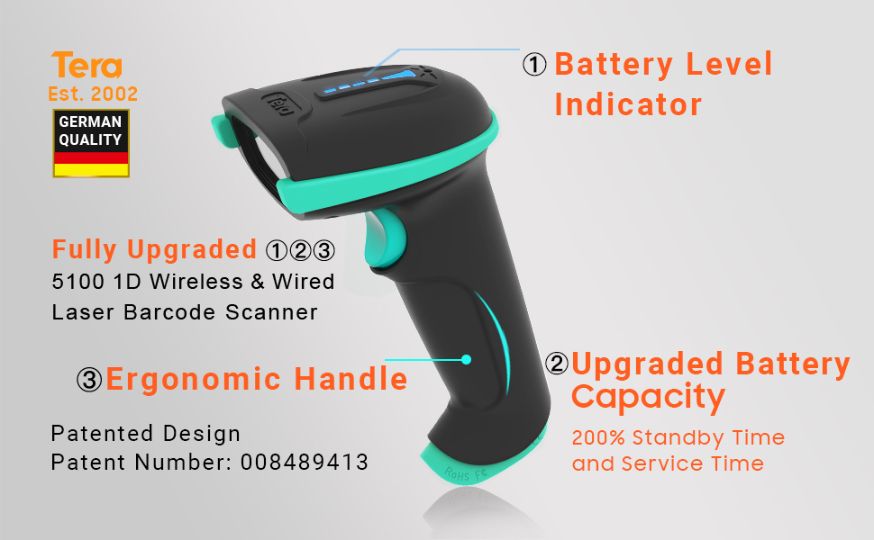 Tera Wireless Barcode Scanner (2.4Ghz Wireless+USB 2.0 Wired ...