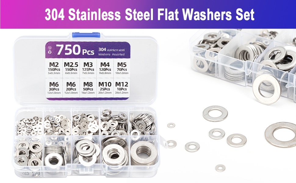Washers For Screws, 750PCS Metal Flat Washers, Stainless Steel Washers For Bolts, 9 Sizes ...