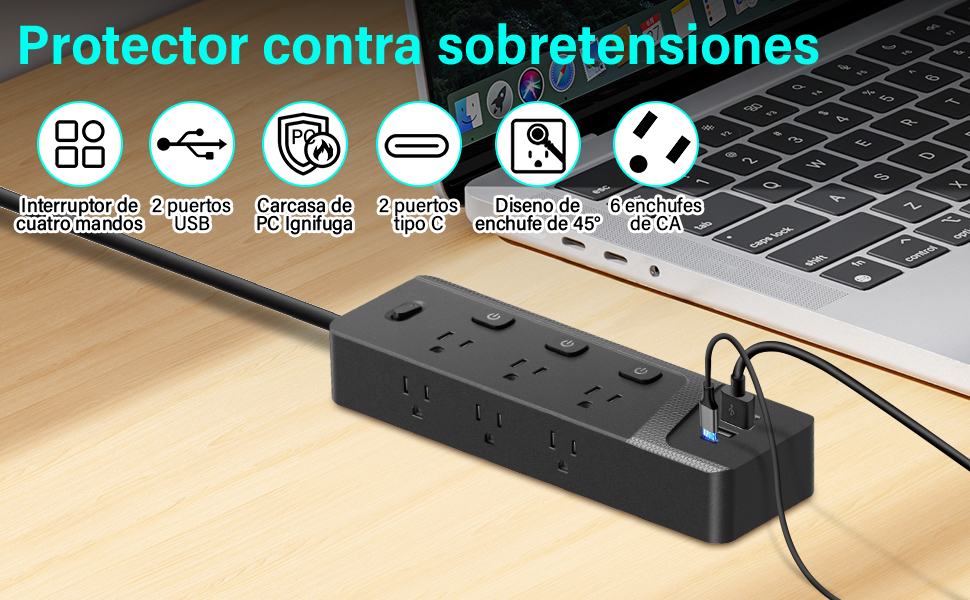 GALASALA Multicontacto Regleta Extension Electrica con Protector Supresor de Picos de Voltaje, 1 ...