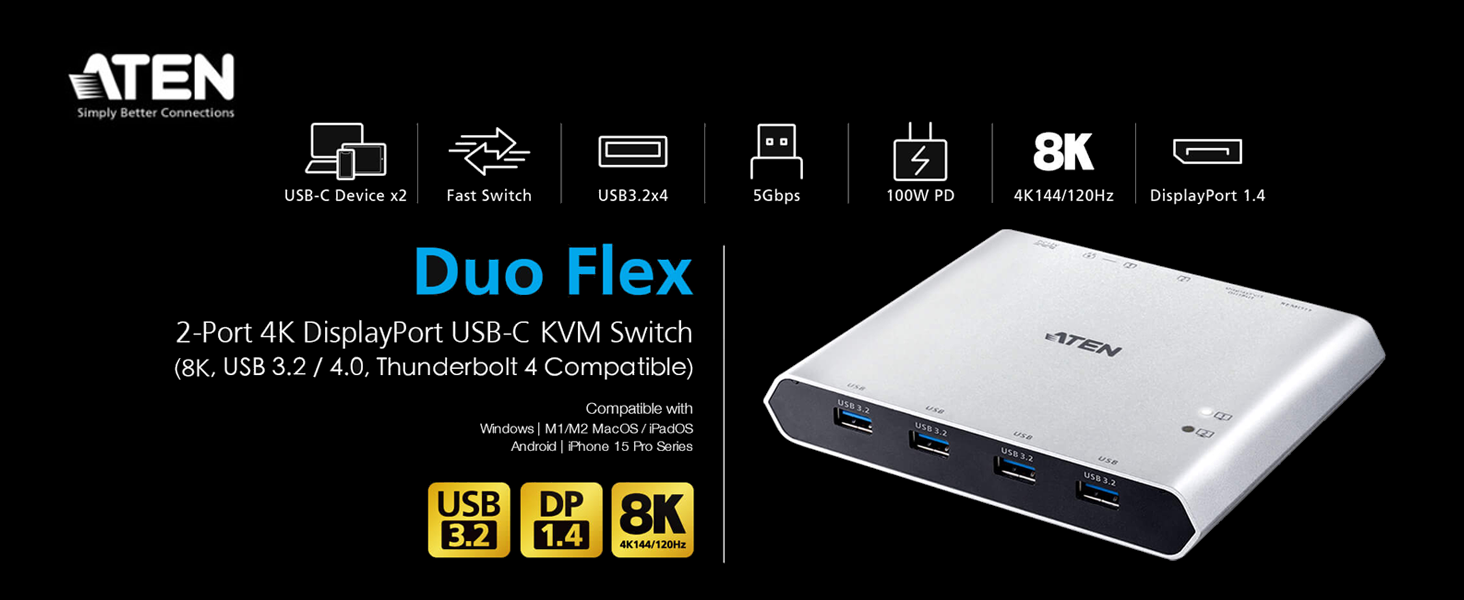 Amazon.com: ATEN US3311 2-Port USB-C KVM Switch 2 PC 1 Monitor DisplayPort Out - 8K / 4K - 144hz ...