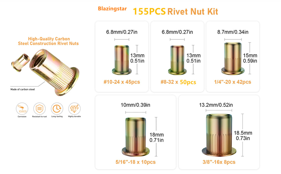 #8-32#10-24 1/4"-20 5/16"-18 3/8"-16 Carbon Steel UNC Rivet Nuts Assortment Kit, Yellow Zinc ...