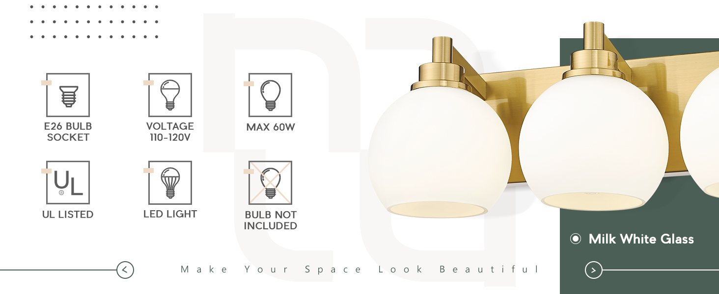 METWET Bathroom Light Fixtures, 3-Light Brushed Gold Vanity Light, Modern Wall Sconces with Milk ...