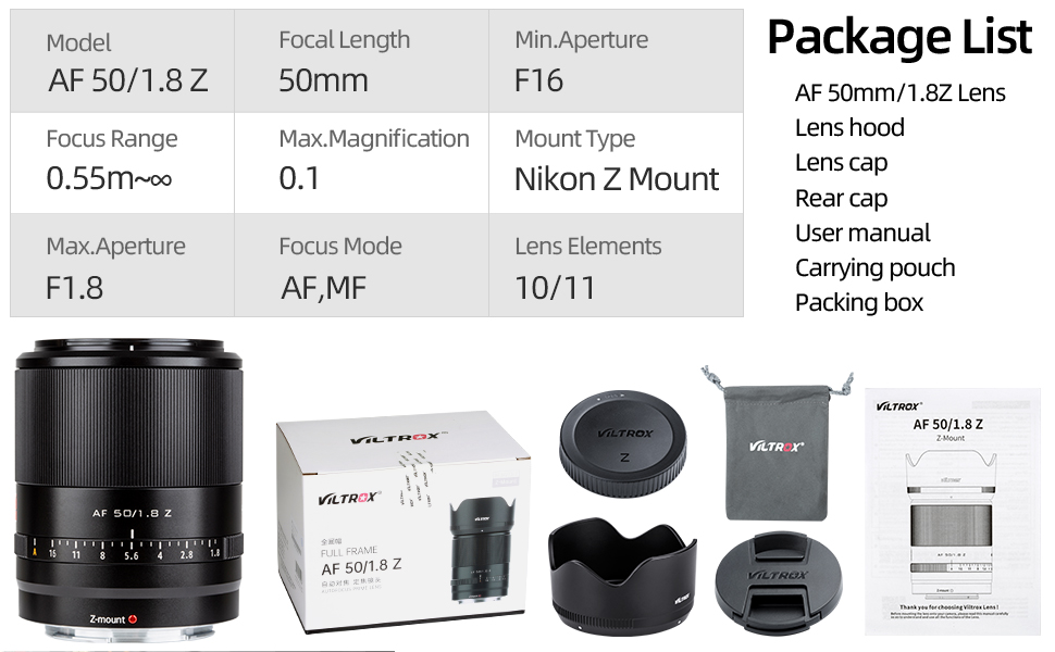 Amazon.com : VILTROX AF 50mm f/1.8 F1.8 Z Mount Full Frame Lens STM Auto Focus Standard Prime ...