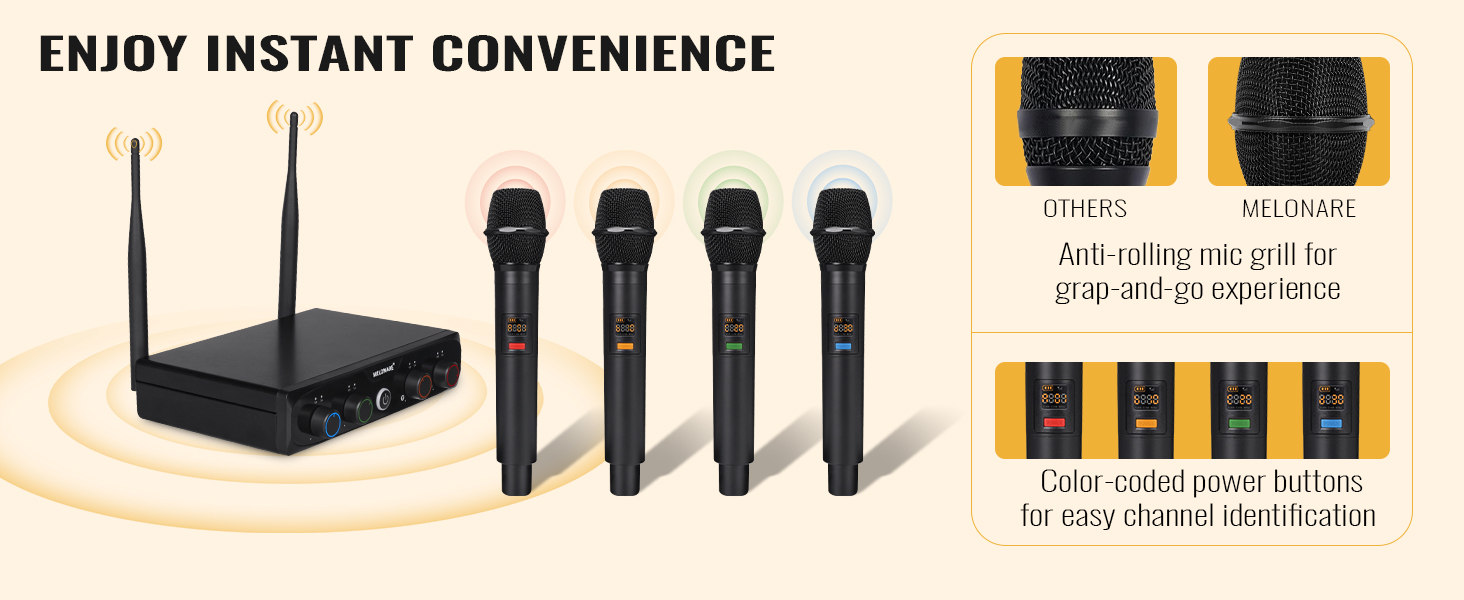 MELONARE 4-Channel Wireless Microphone System, UHF Compact Cordless Mic Set w/ 4x10 Frequencies ...