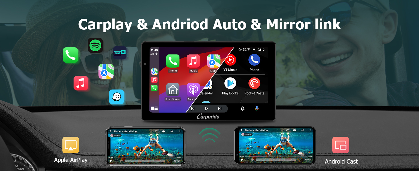 Carpuride W703 Tragbares Kabelloses Carplay & Android Auto mit Dashcam – 7-Zoll-HD-IPS ...