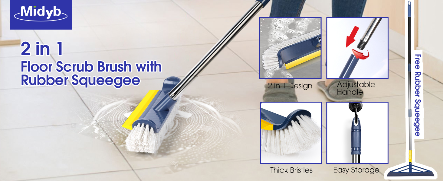 Midyb Floor Scrubbing Brush with Long Handle, 2 in 1 Floor Scrub Brush ...