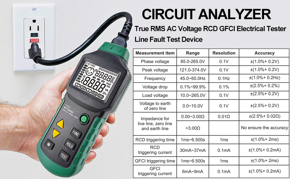Digital Circuit Analyzer True Rms Ac Voltage Rcd Gfci Electrical Tester Line Fault Test Device