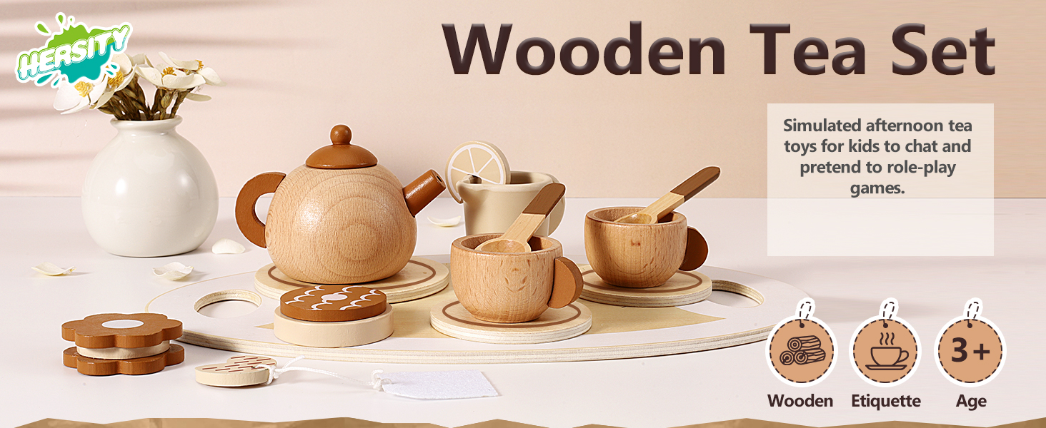 HERSITY Wooden Afternoon Tea Set Toys for 3+ Year Old Girls Boys, Kids Tea Party Set Pretend ...