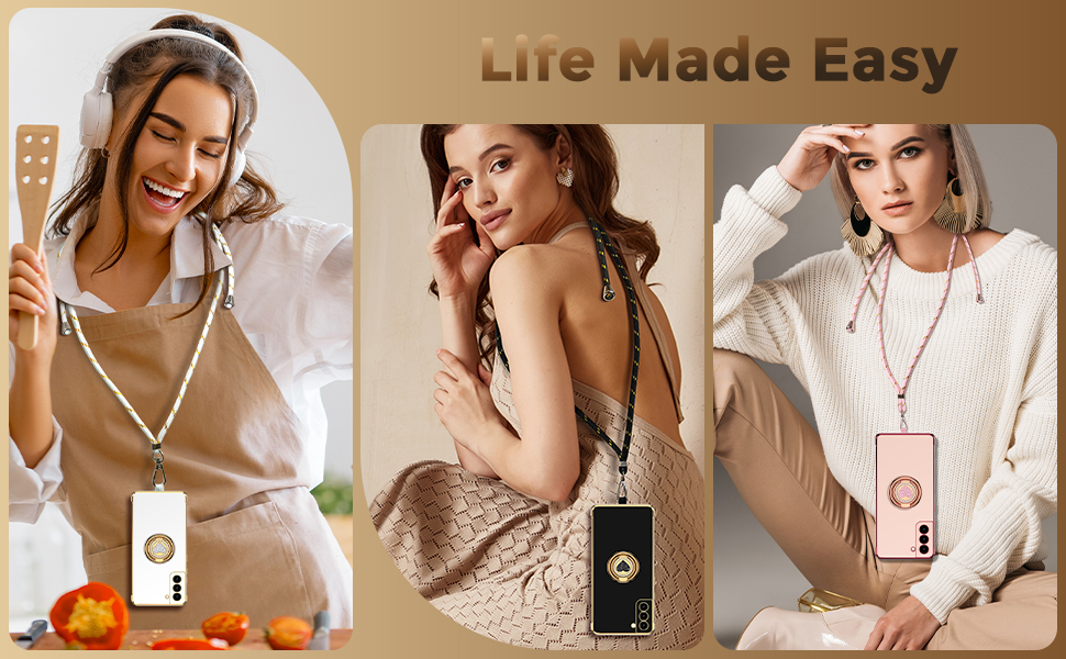 XYZ für Samsung Galaxy S22 Hülle mit Band, Herz Doppelring Ständer HandyHülle Handykette Frauen ...