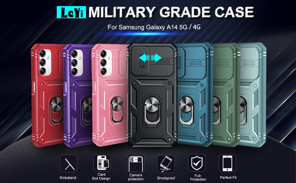 LeYi for Samsung Galaxy A14 4G/5G Case with Camera Cover Slider, Full Body Armour Military ...