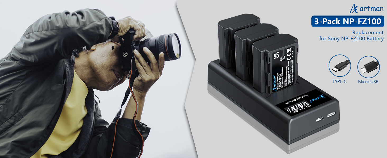 Artman Batería NP-FZ100 2500mAh y Cargador de 3 Ranuras, Batería de Repuesto en Pack de 3 para ...