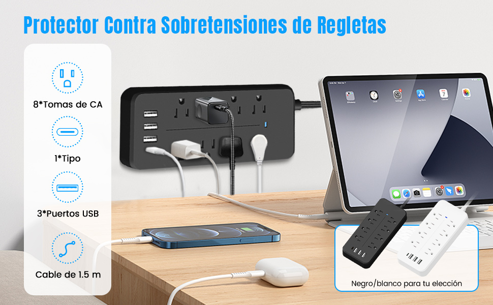 FANDBO 12 en 1 Regleta Multicontacto Extension USB, con 8 Salidas CA y 4 Puertos USB (1 USB C ...