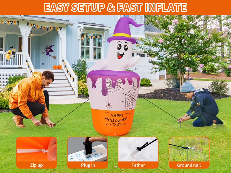 Amazon.com: GOOSH 5.5 FT Halloween Inflatables Ghost with Barrel Outdoor Decorations Blow Up ...