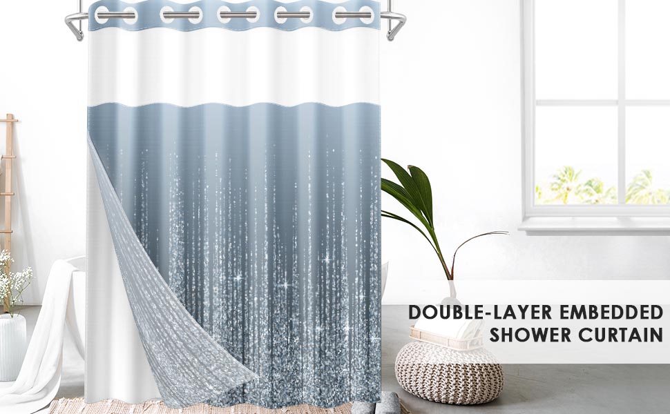 Amazon.com: Nesphy No Hook Silver Dots Blue Shower Curtain with Snap in Fabric Liner Set ...