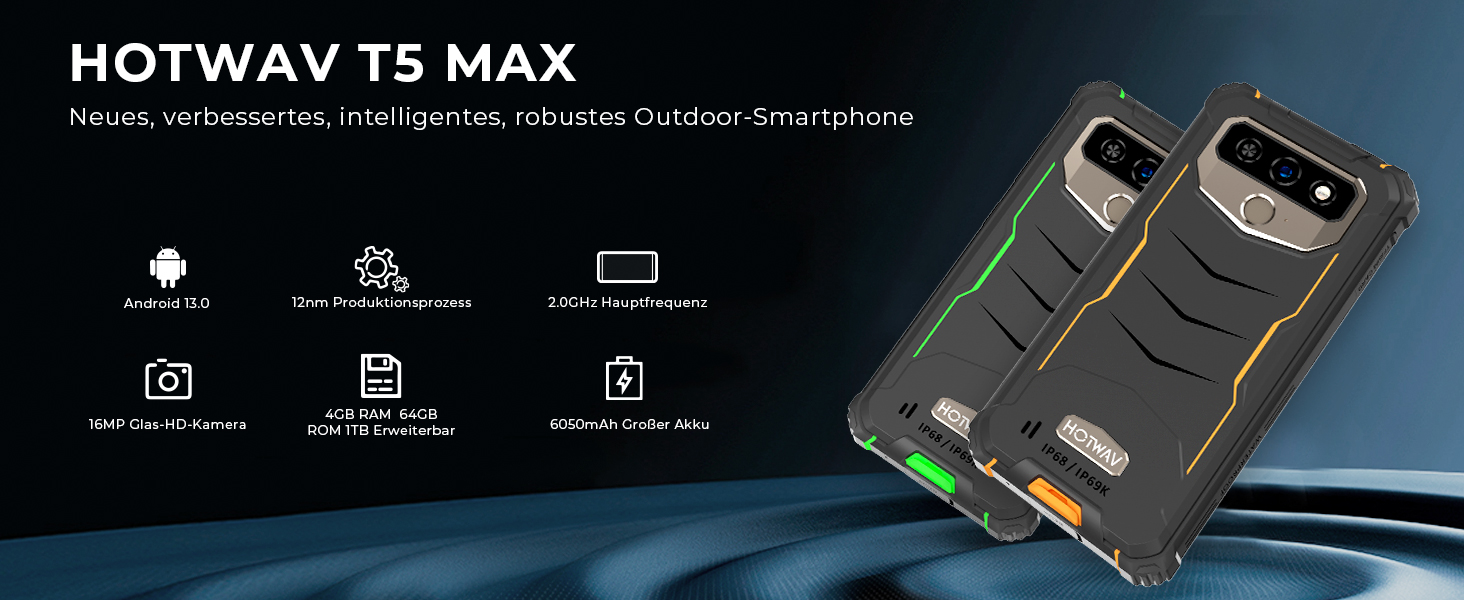 HOTWAV T5 MAX Android 13 Outdoor Handy, 6050mAh 4GB/64GB/1TB Erweiterbar 6.0 Zoll HD+ Display ...